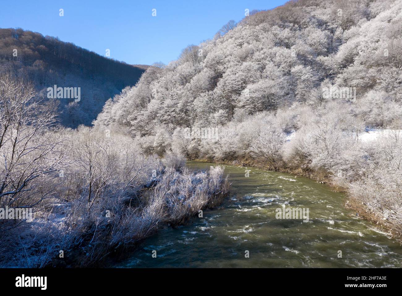 Mountain raging river flows between snowy trees aerial view Stock Photo ...