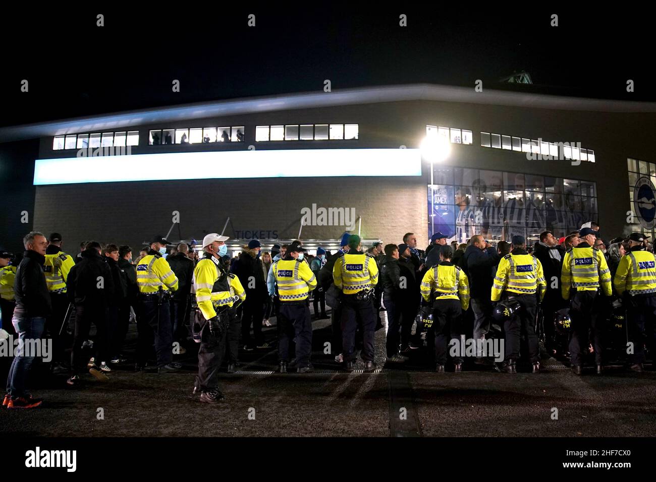 Police officers patrol outside of the stadium ahead of the Premier ...