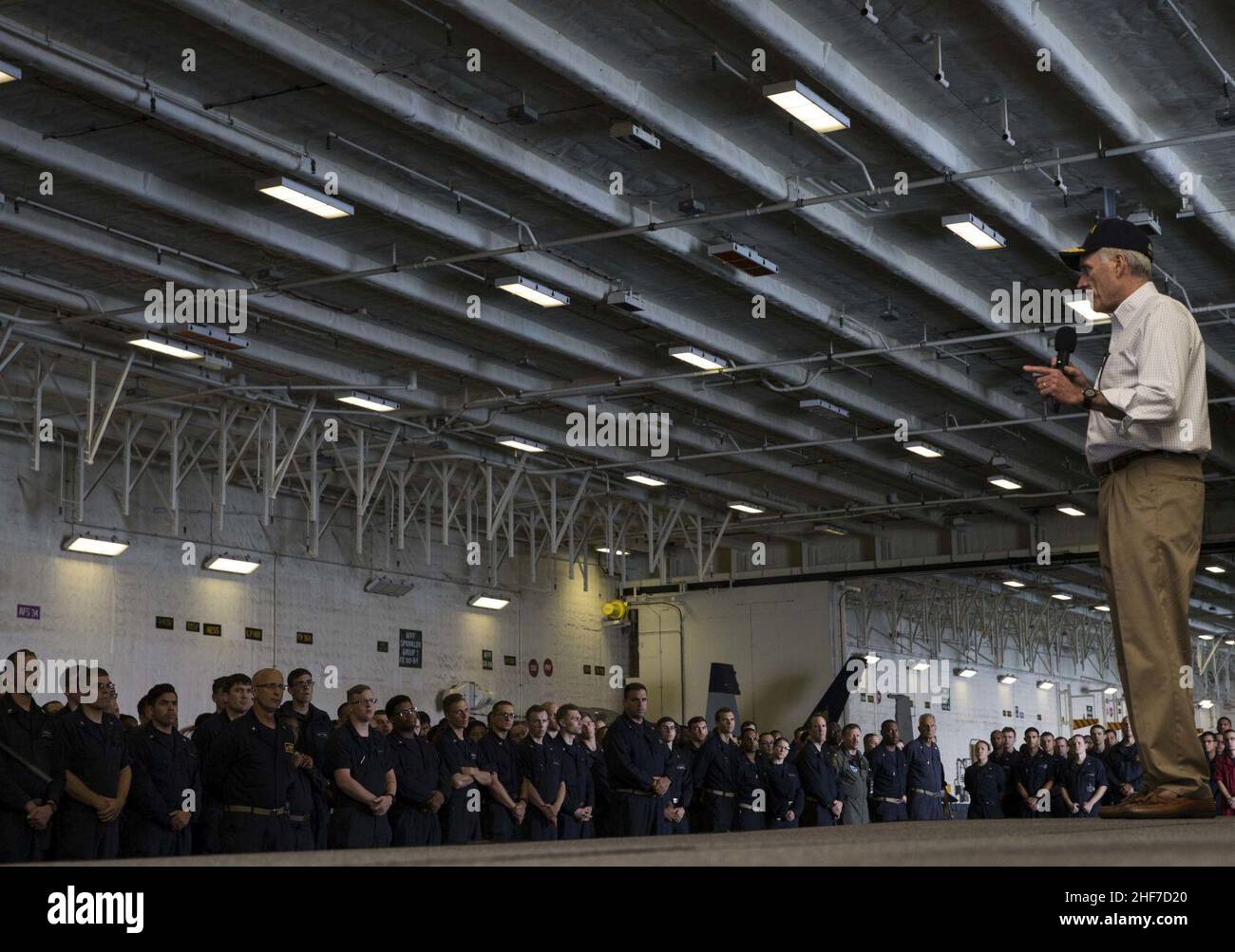 Secretary of the Navy addresses the crew of USS Gerald R. Ford during ...