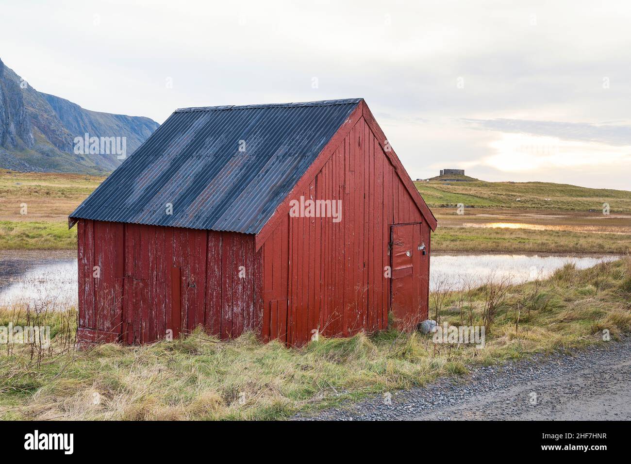 Norway, Lofoten, Vestvagøya, Eggum, boathouse and former Borga radar ...