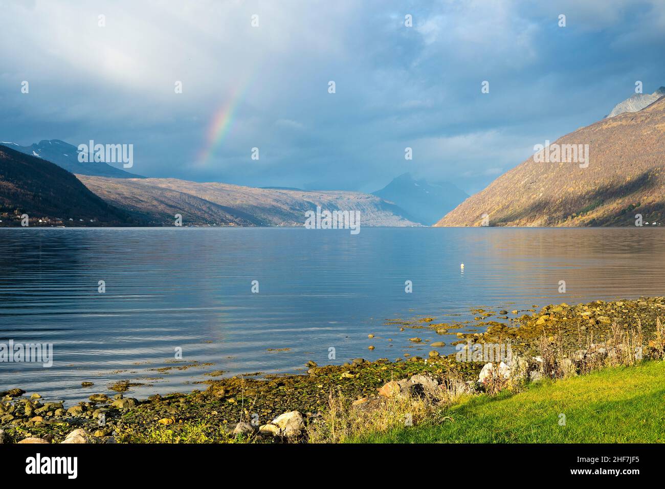 Norway, Lavangen Fjord, morning mood, rainbow Stock Photo - Alamy
