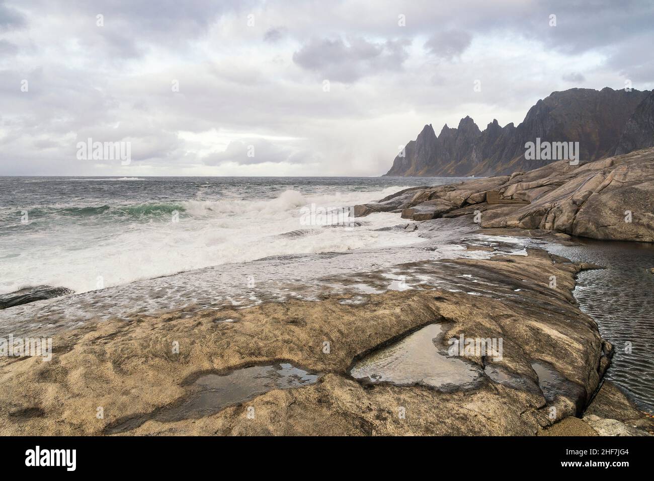 Norway, Senja, Skaland, Tungeneset, high tide, waves Stock Photo - Alamy