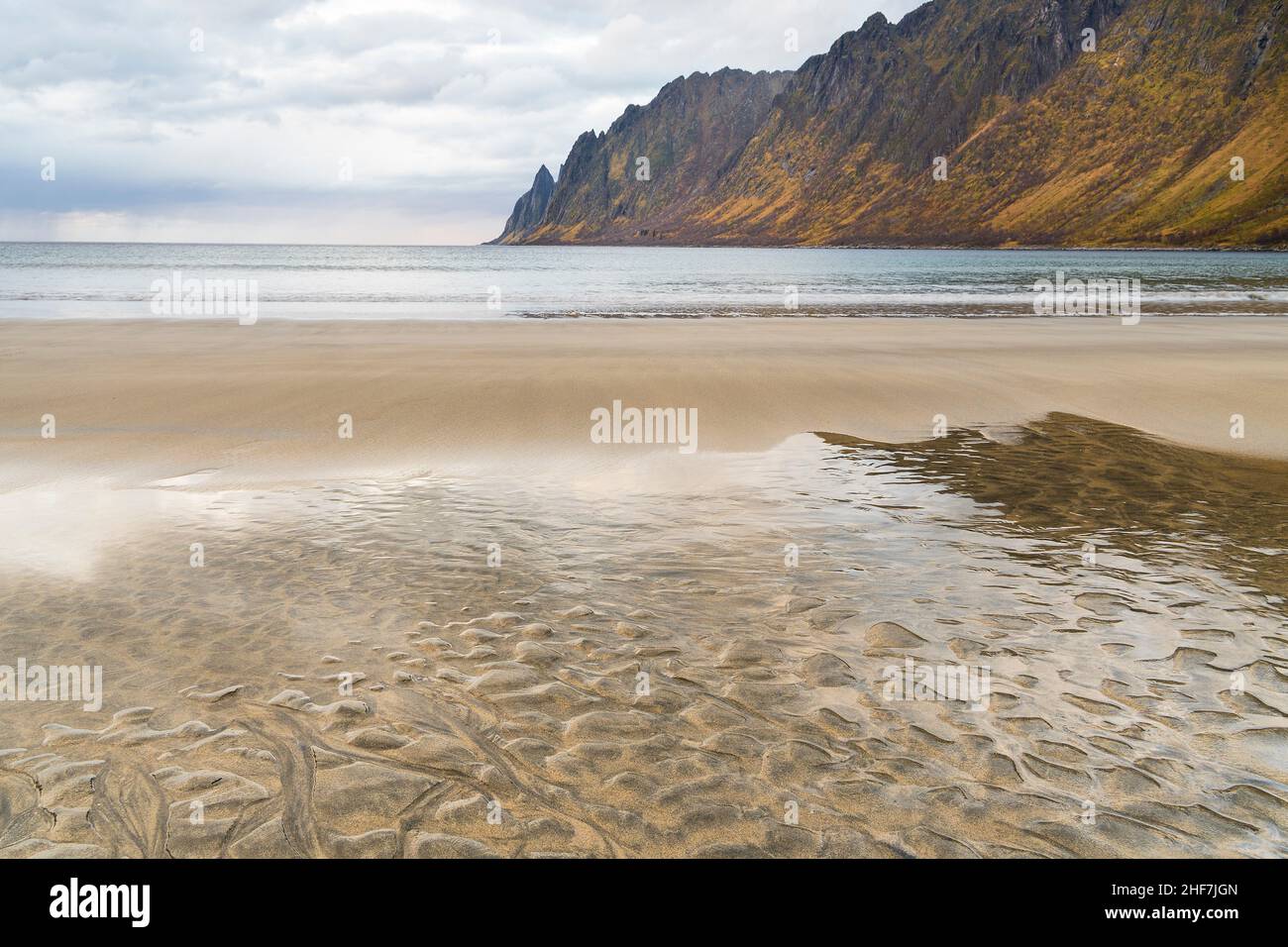 Norway, Senja, Skaland, Ersfjord, beach, sand structures at low tide ...