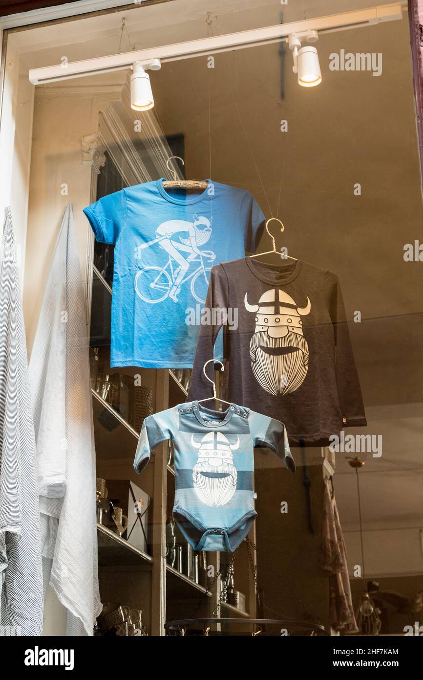 Sweden, Stockholm, old town, shop windows, clothes with Viking symbols ...