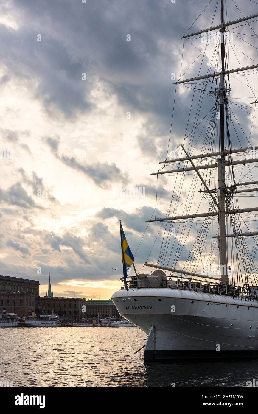 Sweden, Stockholm, sailing ship, "AF Chapman", evening light Stock ...