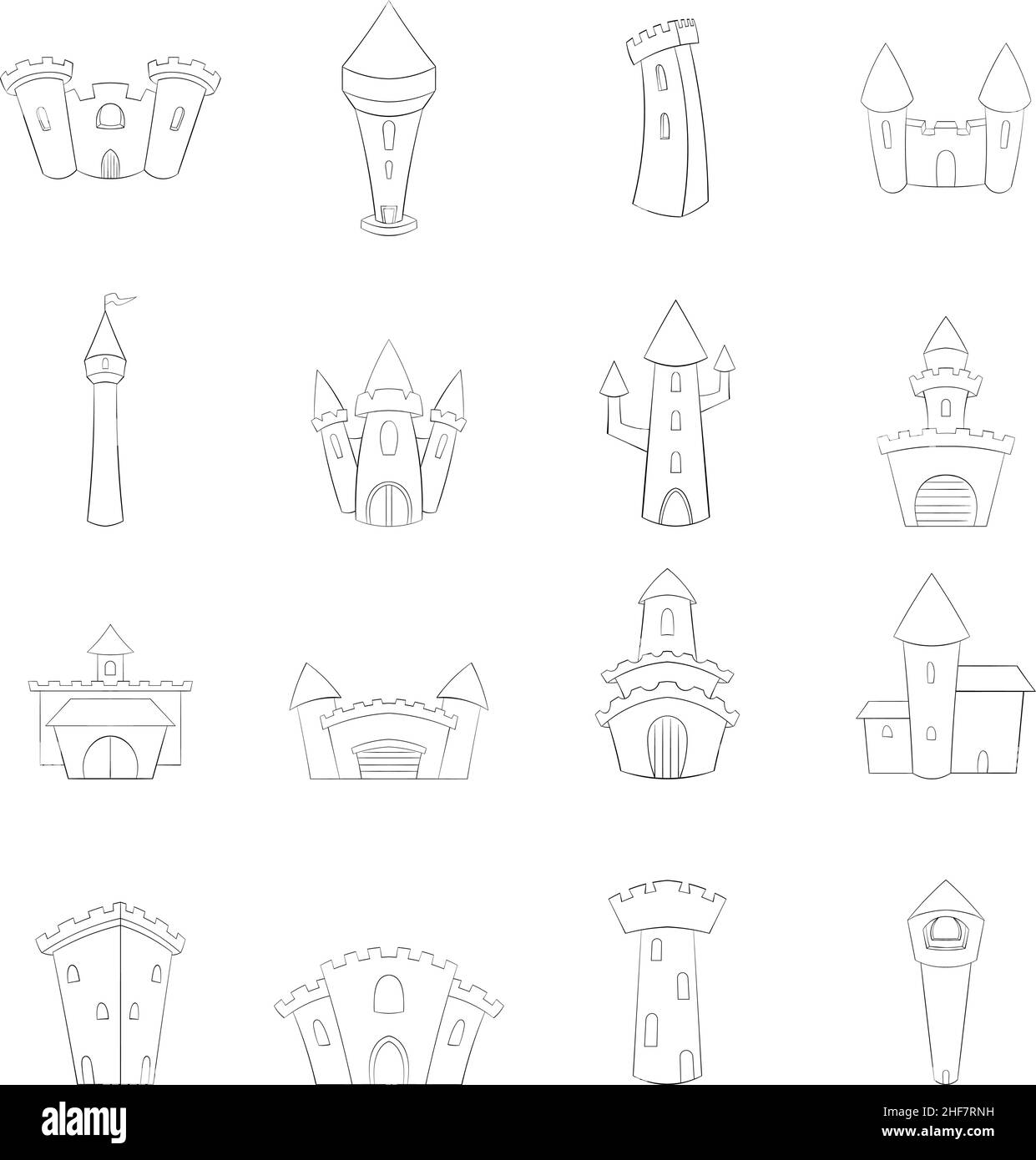 Castle tower set icons in outline style isolated on white background ...