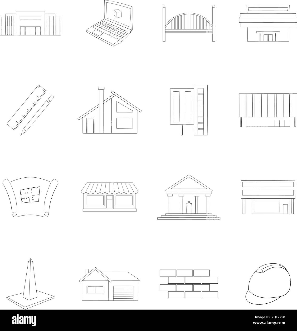 Building reconstruction set icons in outline style isolated on white ...