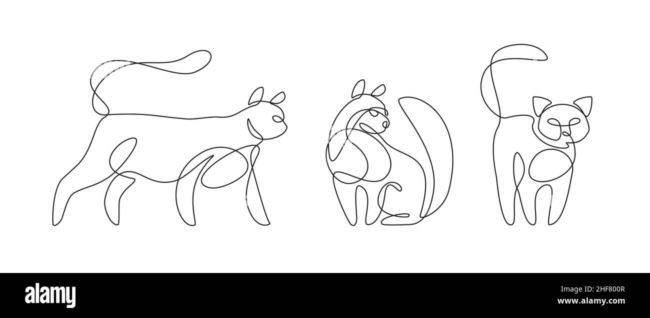 Cat set in modern one line style. Continuous line drawing, outline for ...