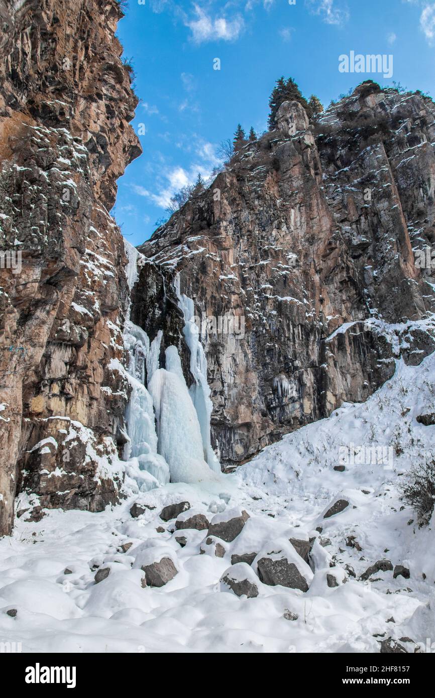 Winter Frozen Butakov Waterfall in the Butakovsky gorge. Famous travel ...