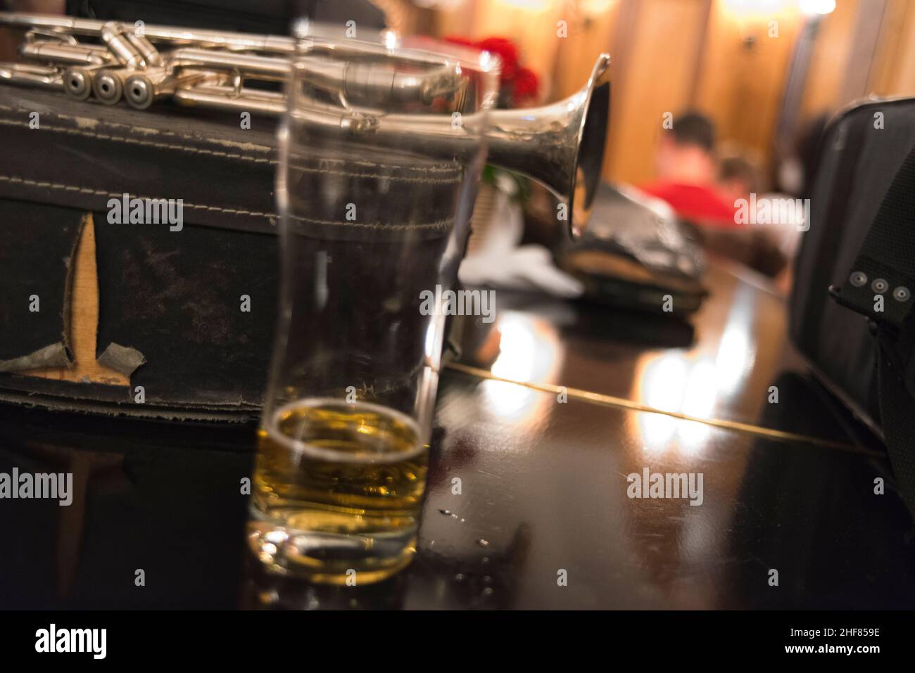 Musical instruments and beer glass Stock Photo - Alamy