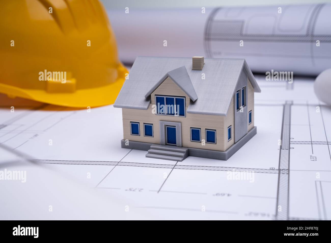 House Construction And Building Plans. Architect Hard Hat Stock Photo ...
