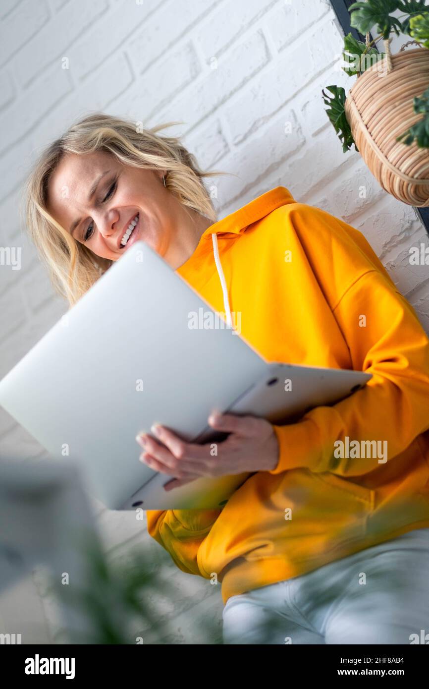 Happy woman girl Using computer laptop working office work remotely ...
