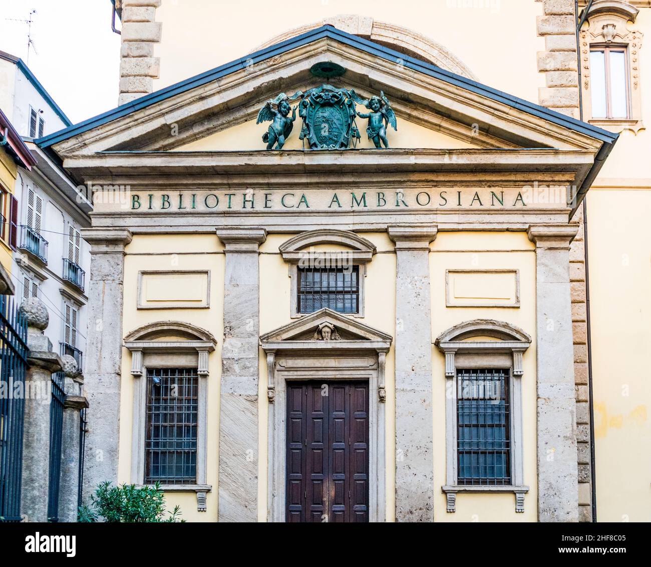 The entrance of the Biblioteca Ambrosiana, a historic library in Milan ...