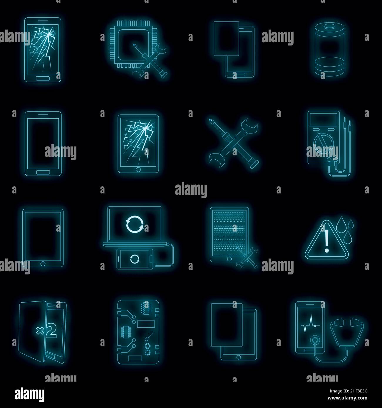 Broken phones fix icons set. Illustration of 16 broken phones fixl ...