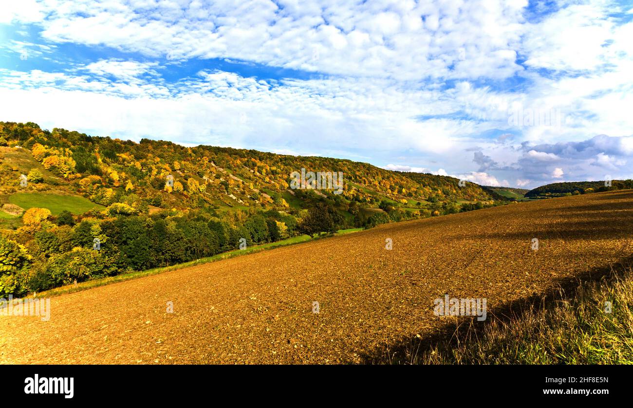 Hills and meadows in the lovely river Tauber valley Stock Photo - Alamy