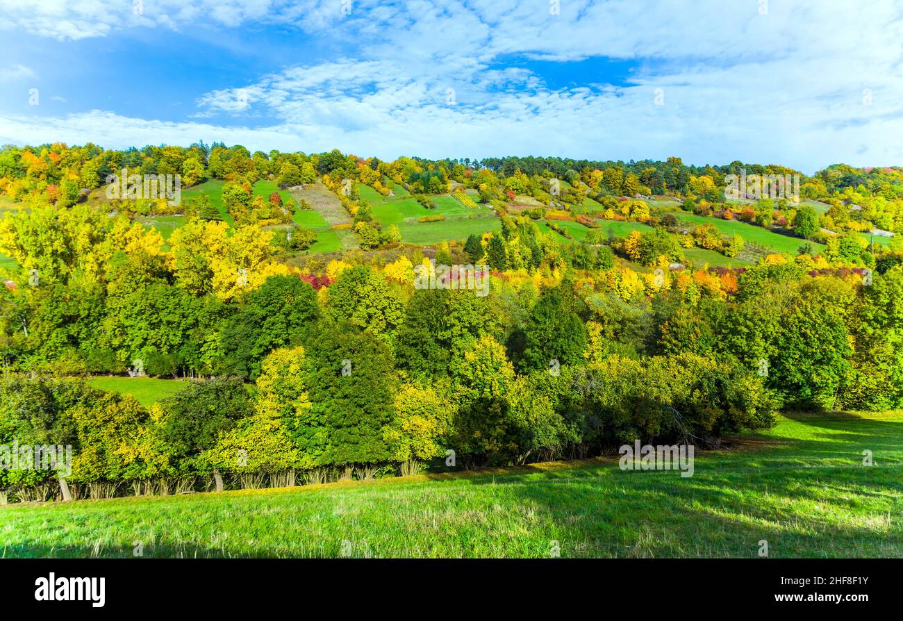 Hills and meadows in the lovely river Tauber valley Stock Photo - Alamy