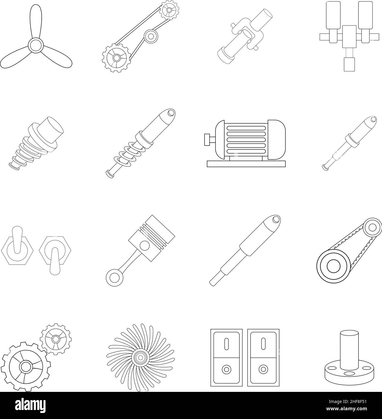 Mechanism parts set icons in outline style isolated on white background ...