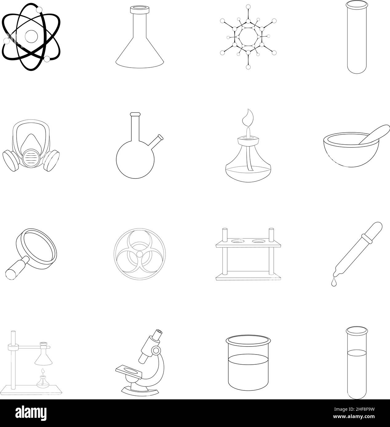 Chemical lab set icons in outline style isolated on white background ...