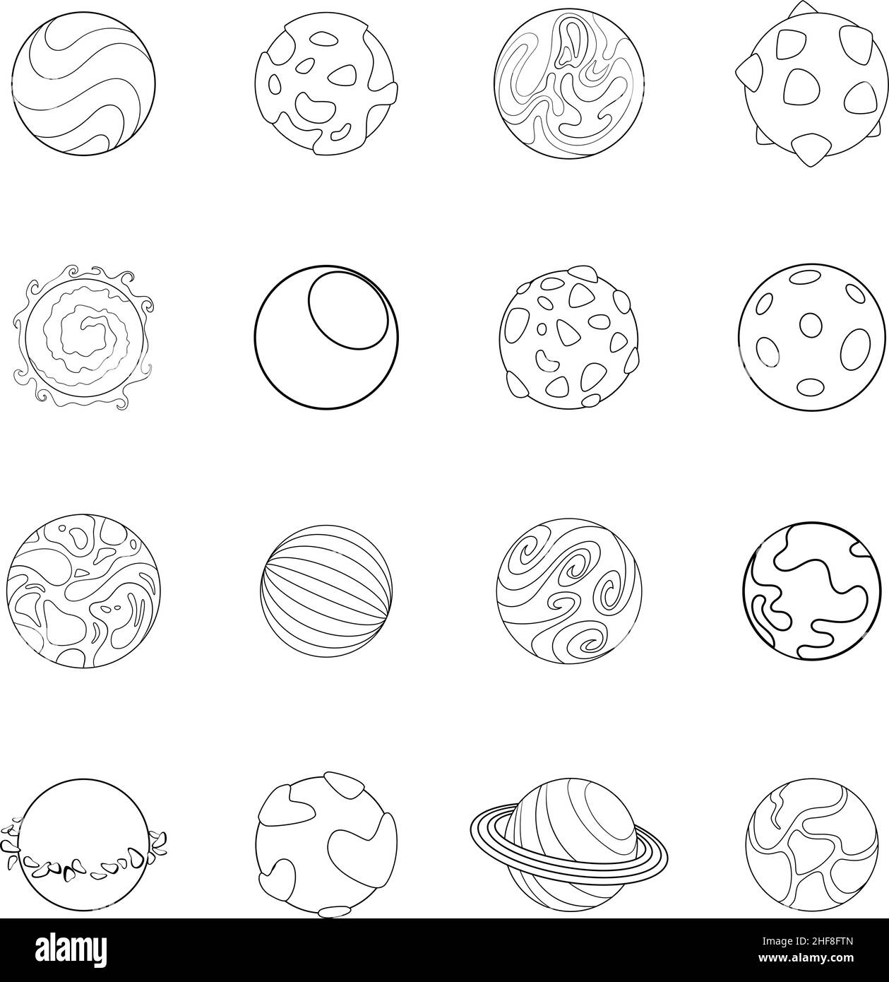 Fantastic planets set icons in outline style isolated on white ...