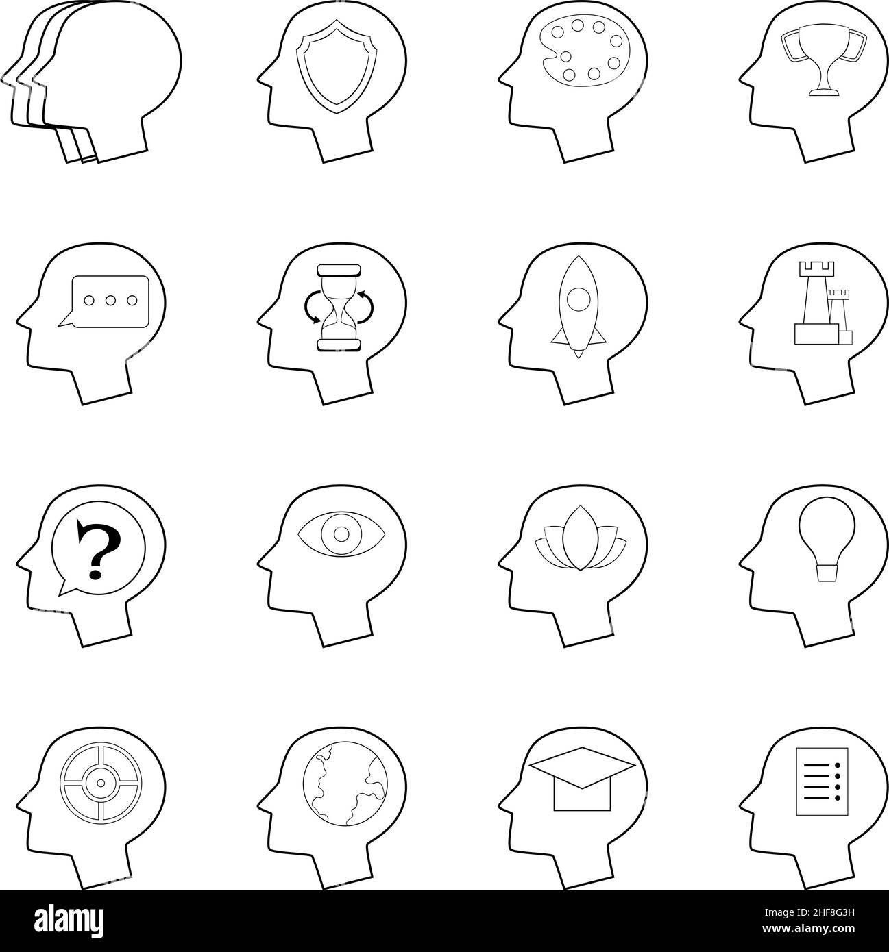 Human mind head set icons in outline style isolated on white background ...