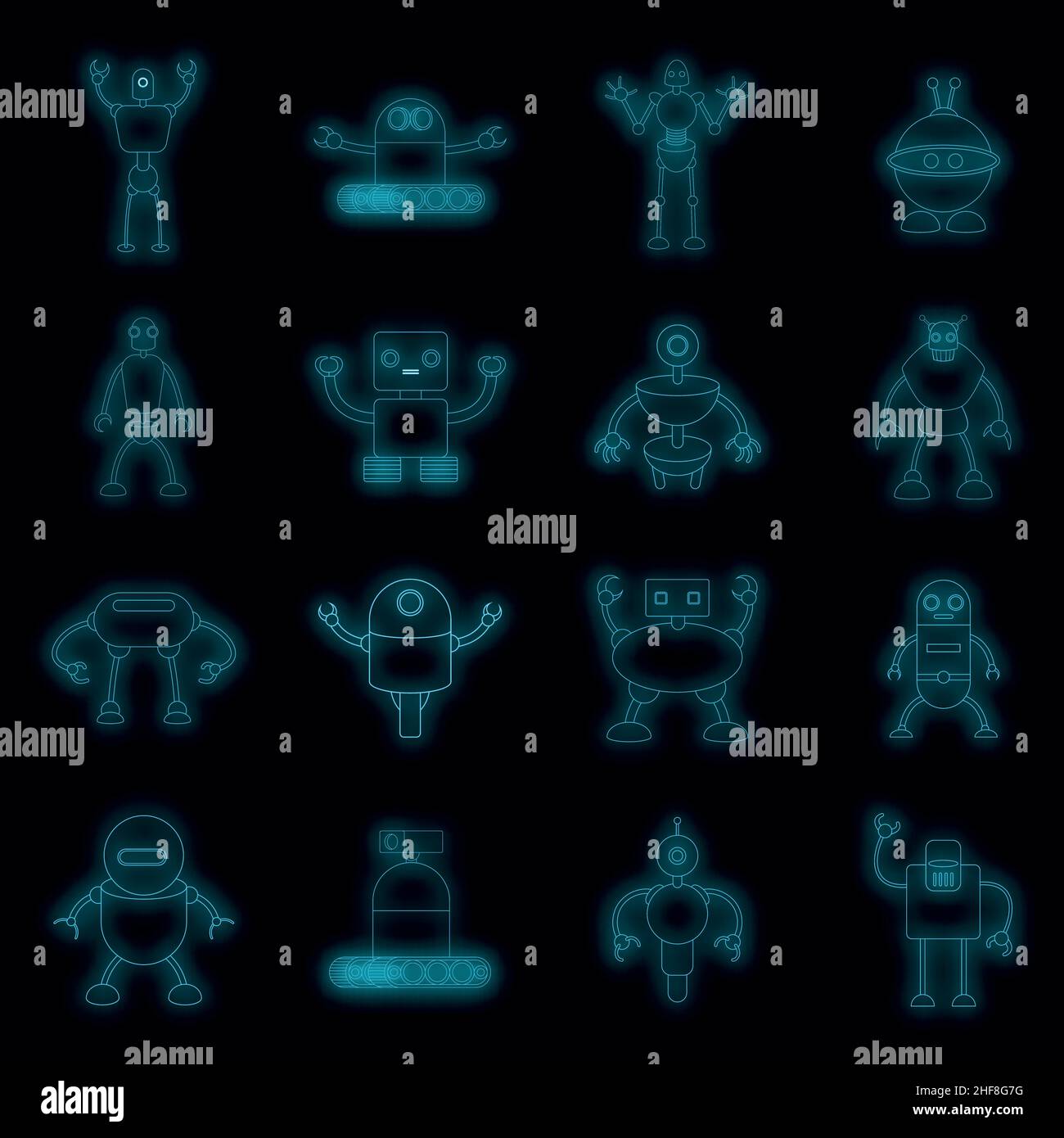 Robot icons set. Illustration of 16 robot vector icons neon color on ...