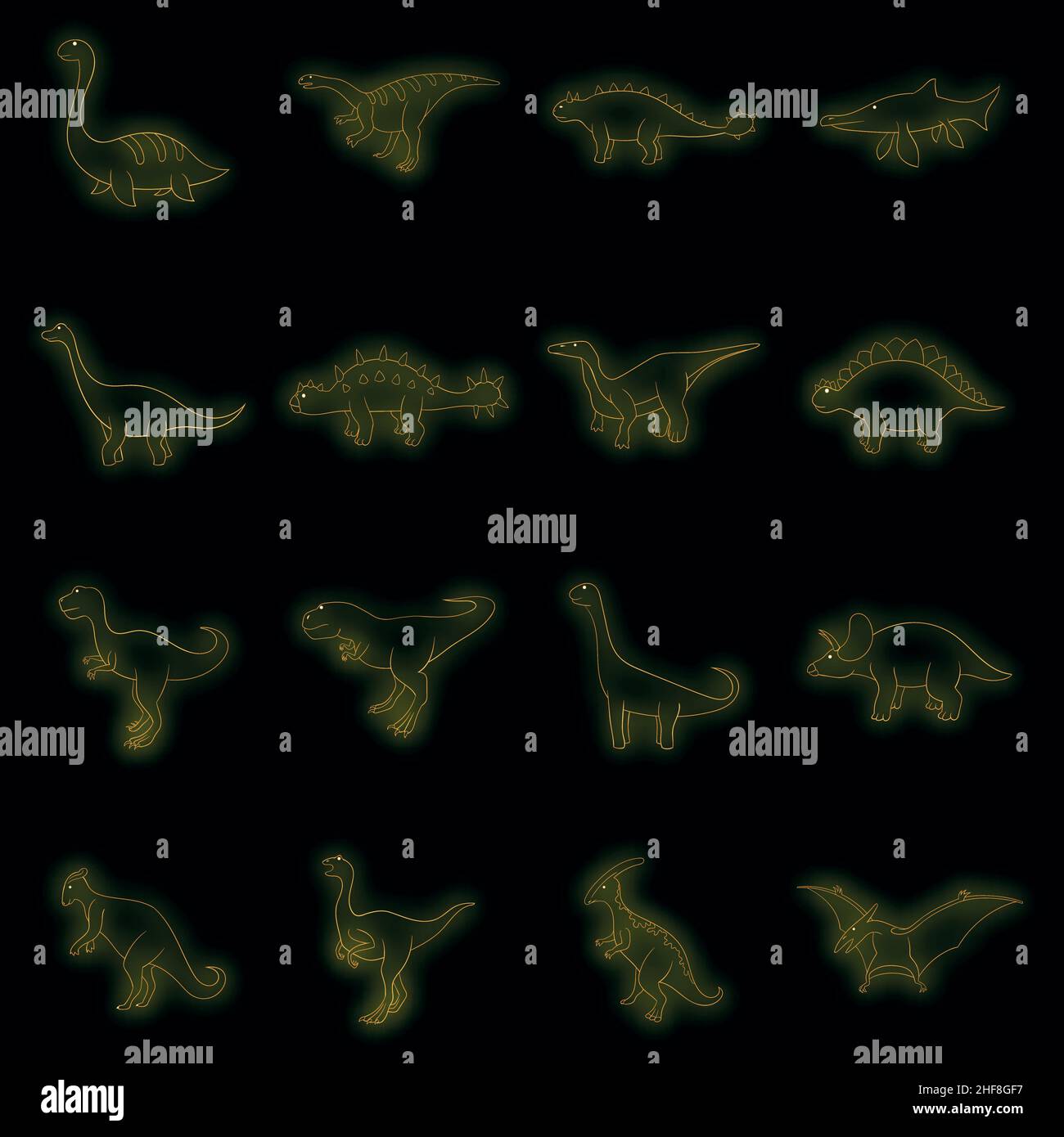 Different dinosaurs icons set. Illustration of 16 different dinosaurs ...