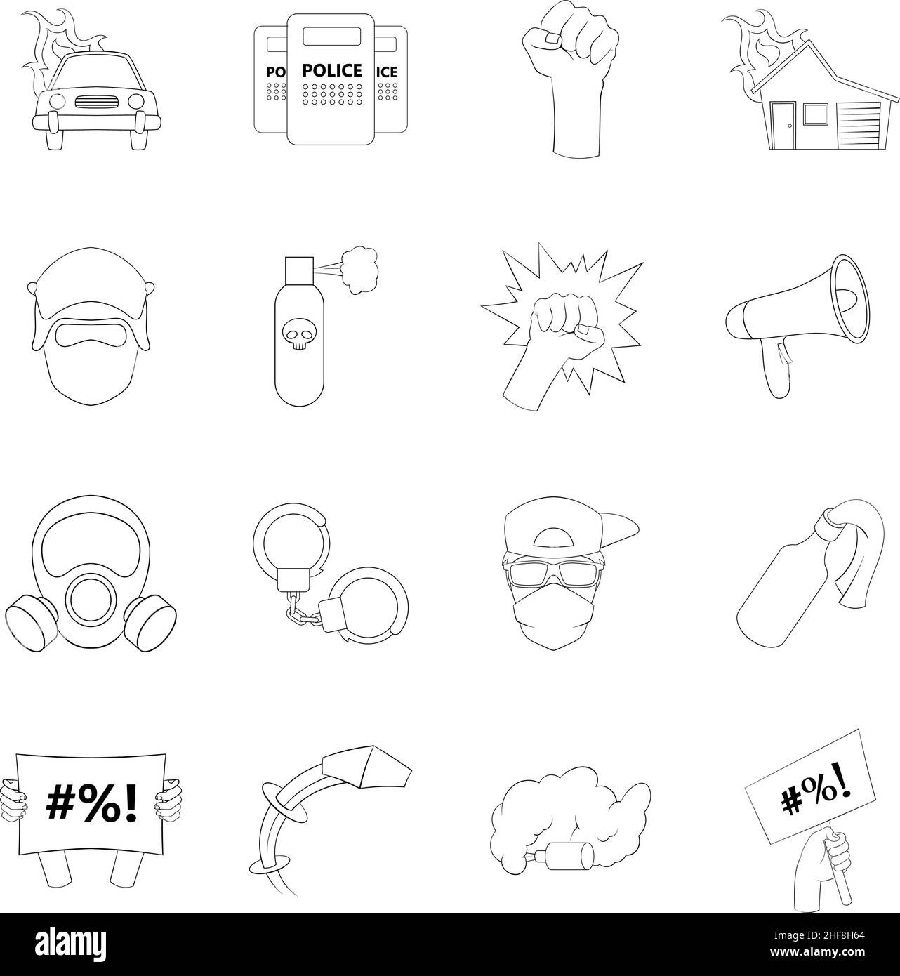 Protest items set icons in outline style isolated on white background ...