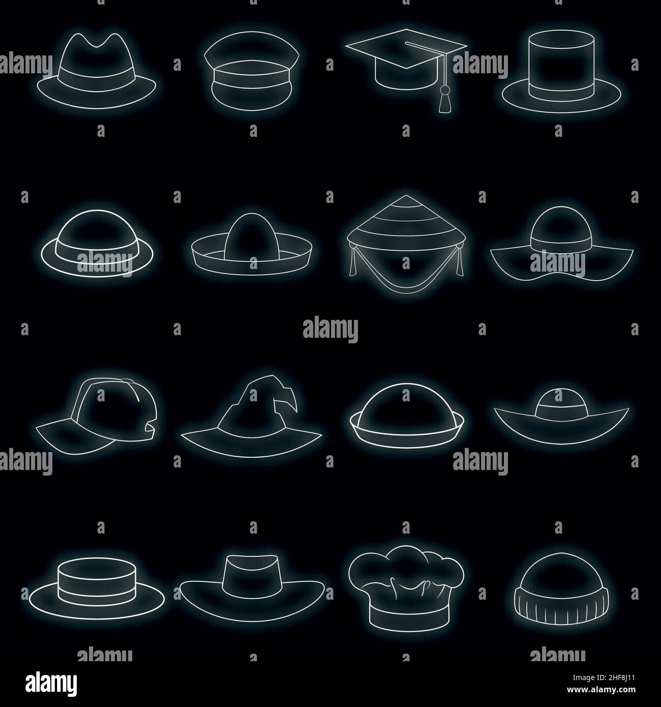 Hat cap icons set. Illustration of 16 hat cap vector icons neon color ...