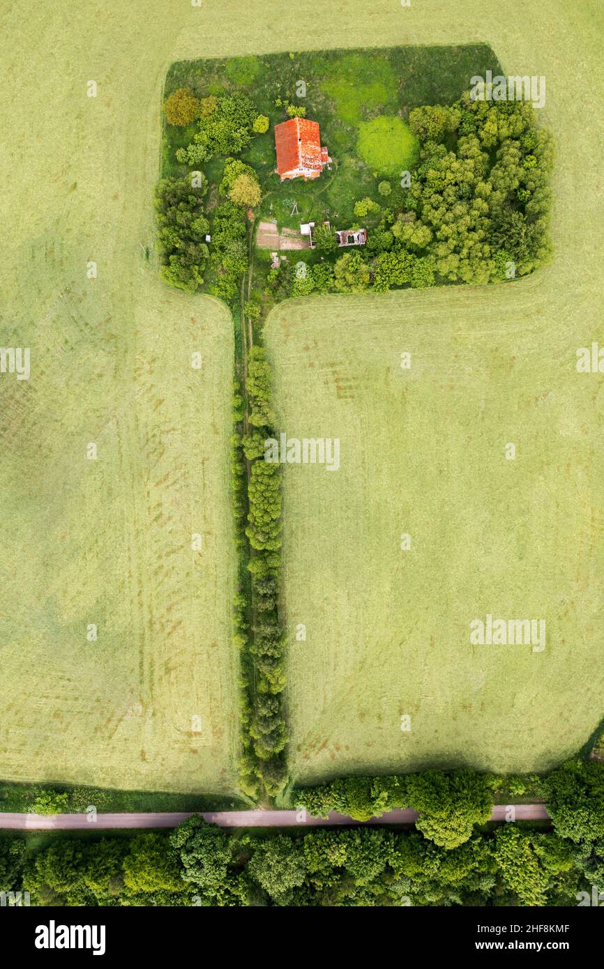 The farm with red rooftop house from drone, Mazury, Poland Stock Photo ...