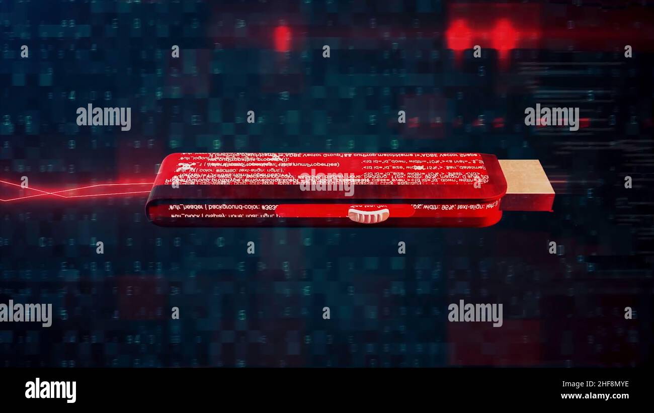 USB flash card with red glow inserted in the laptop on cyber icons ...
