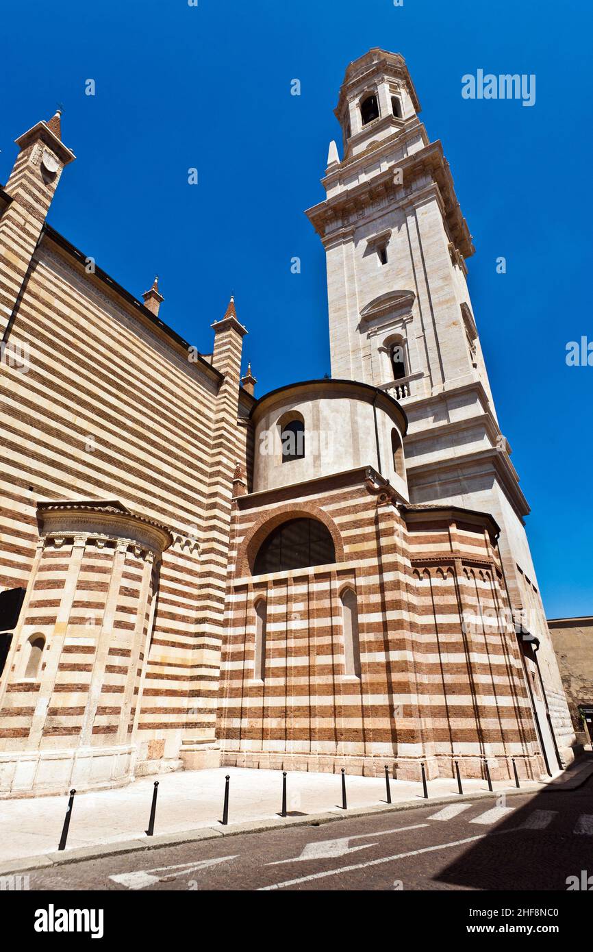 The facade of the catholic middle ages romanic cathedral in Verona, the ...