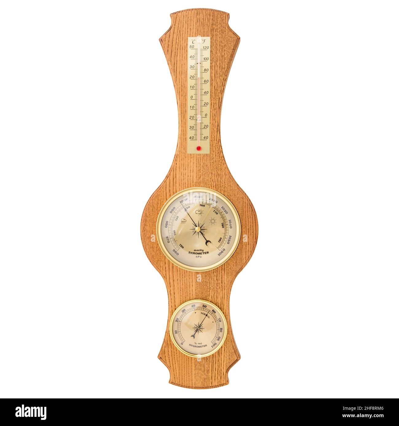 Vintage wooden clock with barometer and Old marine style thermometer on ...