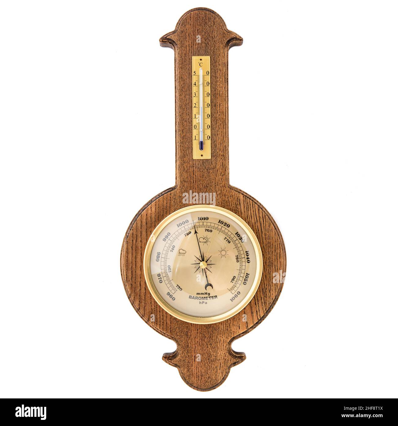 Vintage wooden clock with barometer and Old marine style thermometer on ...