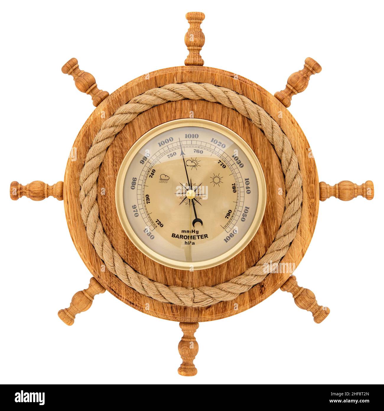 Vintage wooden clock with barometer and Old marine style thermometer on ...