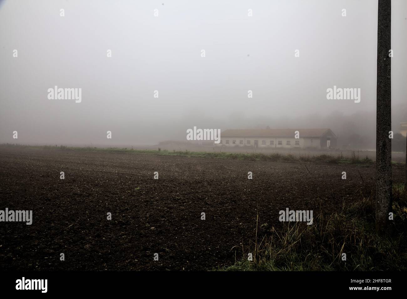 Country house in the fog at the edge of a field Stock Photo - Alamy