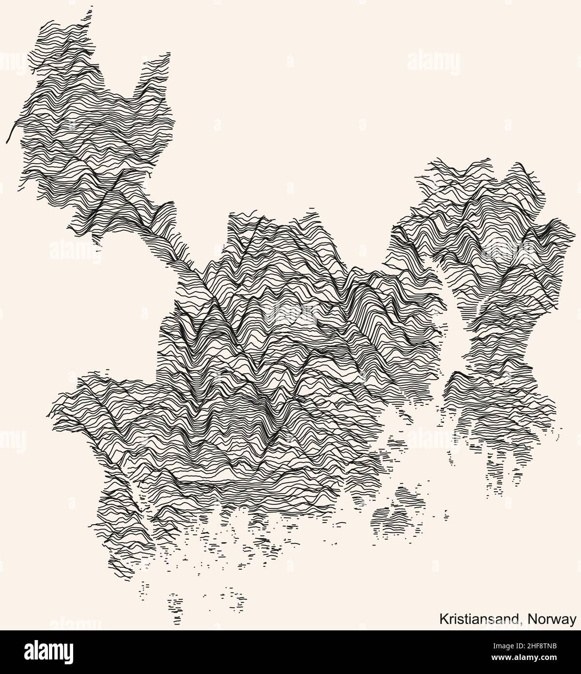 Topographic relief map of the city of KRISTIANSAND, NORWAY with black ...