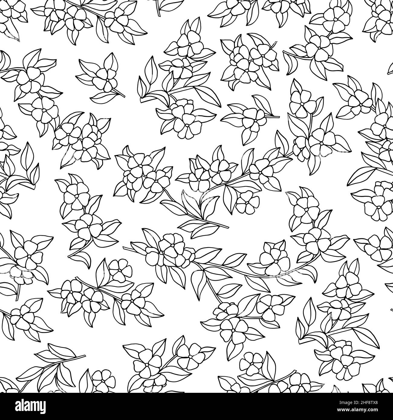 Vector seamless pattern with hand-drawn flowering branches, coloring ...