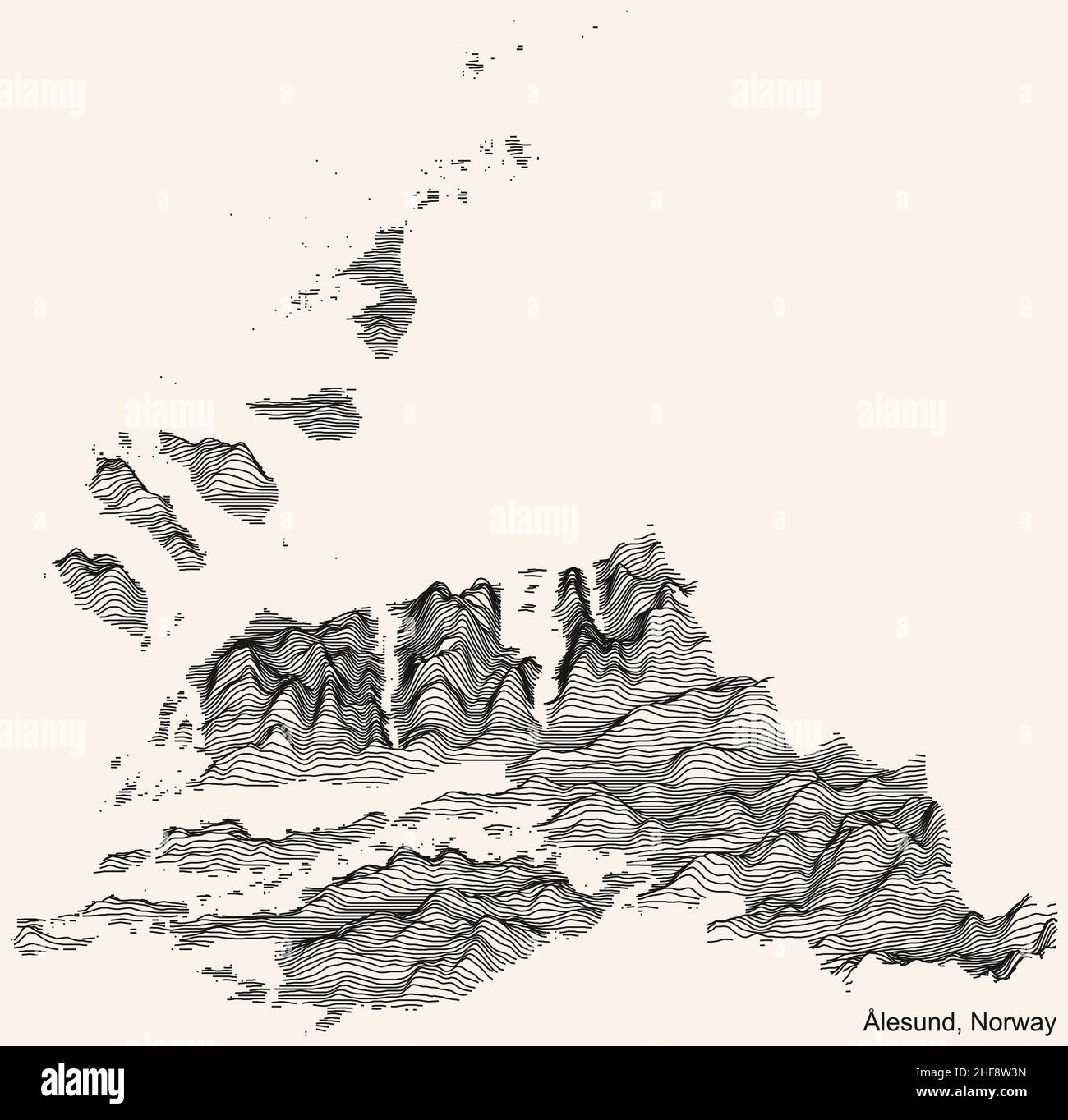Topographic relief map of the city of ÅLESUND, NORWAY with black ...