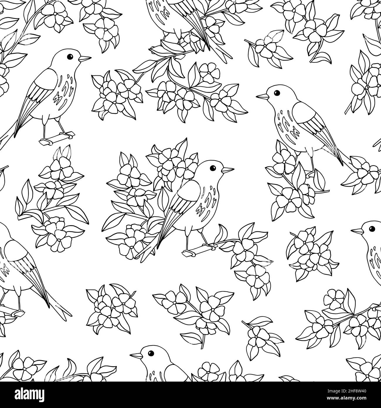 Vector seamless pattern with hand-drawn birds and flowering branches ...