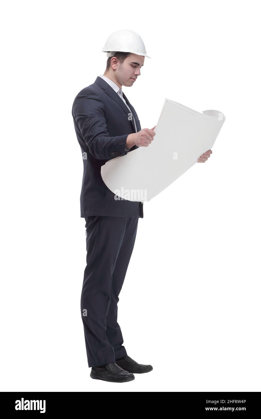 Side view of young architect in profile consulting blueprints Stock ...