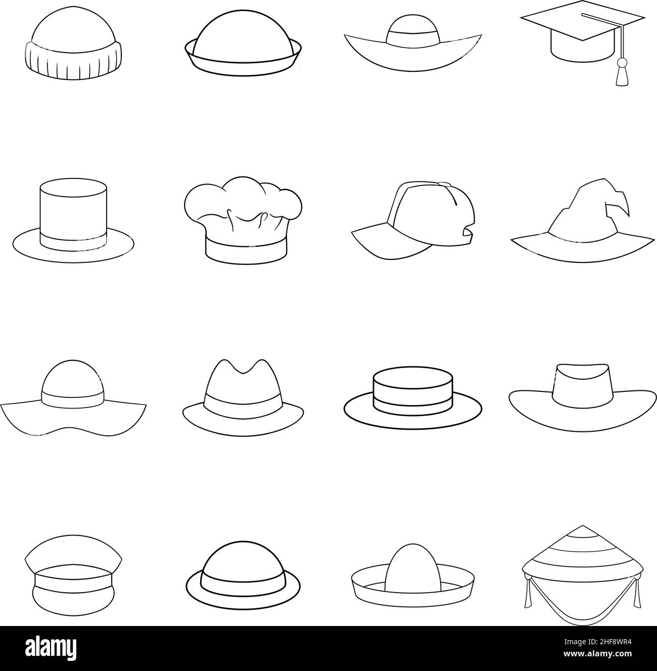 Hat cap set icons in outline style isolated on white background Stock ...