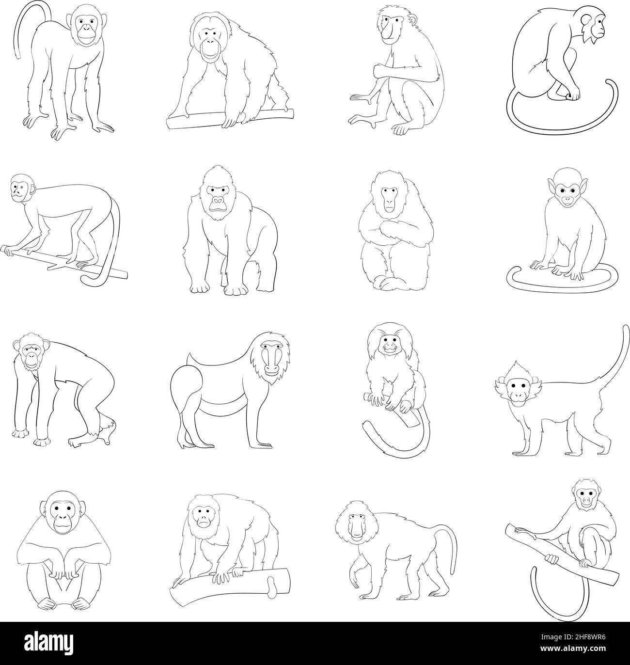 Different monkeys set icons in outline style isolated on white ...
