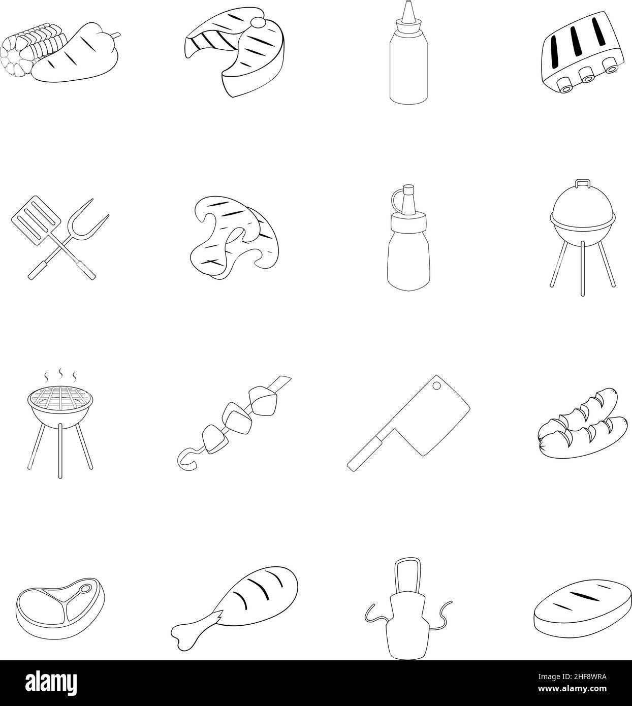 BBQ set icons in outline style isolated on white background Stock ...