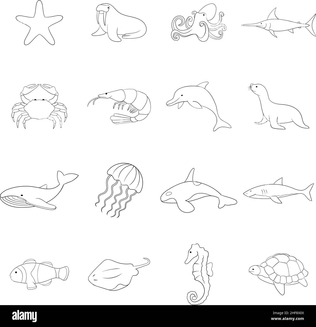 Ocean inhabitants set icons in outline style isolated on white ...