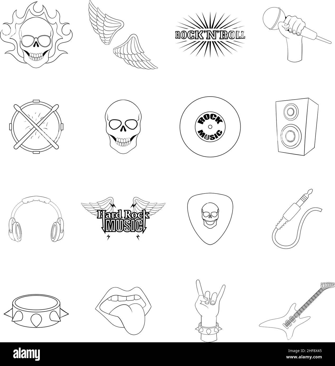 Rock music set icons in outline style isolated on white background ...