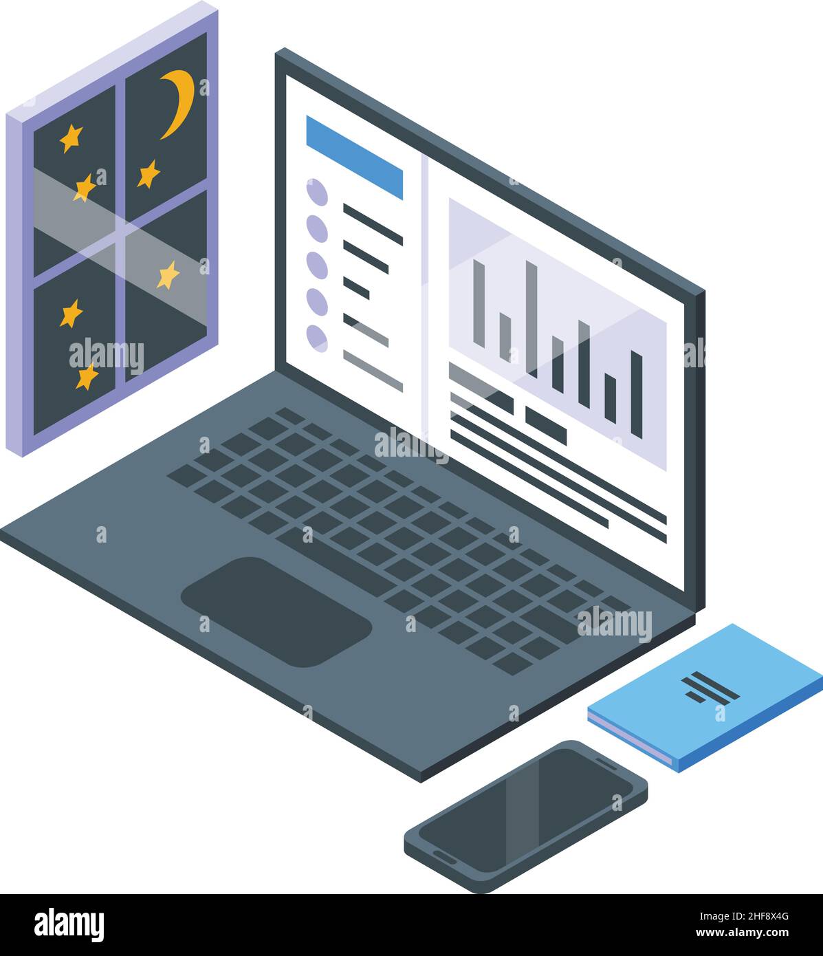 Laptop late work icon isometric vector. Night overtime. Computer time ...