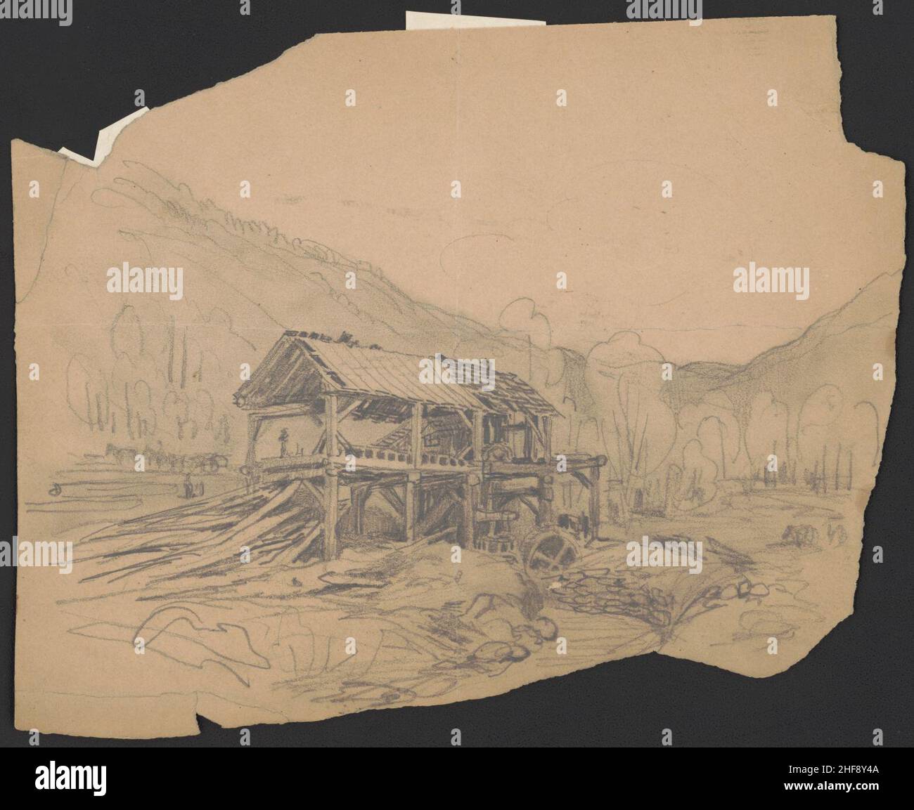 Sawmill or abandoned mill, side view, with waterwheel Stock Photo - Alamy