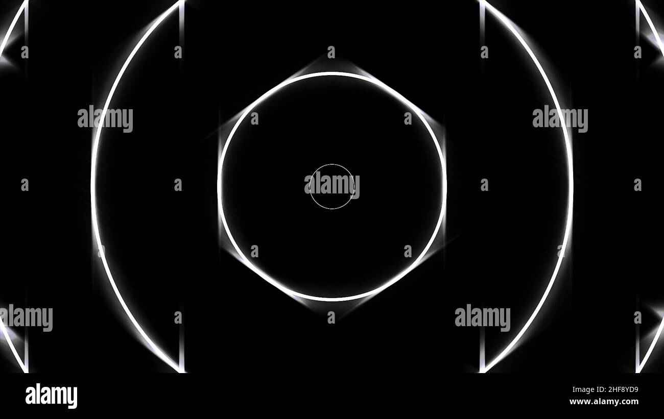 Glowing neon white circle frames moving backwards in the endless tunnel ...