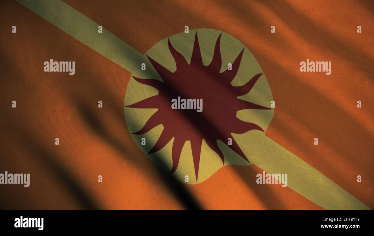 Orange waving flag with the sun and spear, seamless loop. Bright ...