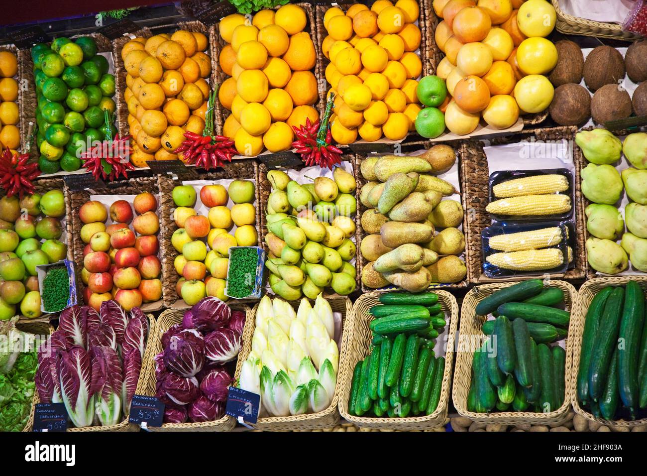 fresh food offered in a food market hall Stock Photo - Alamy